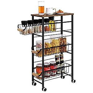 Shinoske Slim Rolling Storage Cart,4-Tier Rolling Kitchen Cart,Narrow Utility Cart with Pull-Out Basket and Wooden Top,for Ktichen,Bathroom,Laundry Room,Small Space,Rustic Brown
