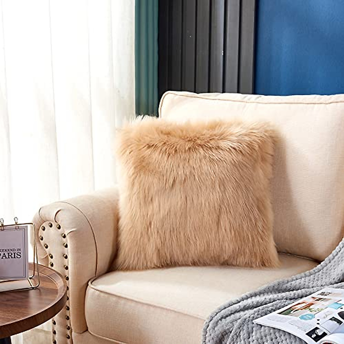 seemehappy 18" x 18" Khaki Fluffy Throw Pillow Cover with Insert Included Faux Fur Throw Pillows Decorative Fuzzy Pillows Furry Pillows Cushions for Chair Couch Bedroom