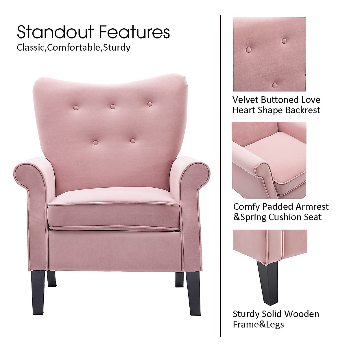 Artechworks Tufted Upholstered Accent Arm Chair, Comfy Single Sofa Club Chair for Living Room, Bedroom, Home Office, Hosting Room,Pink