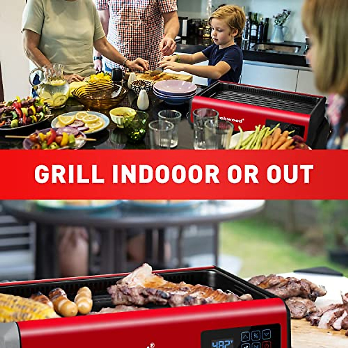 800R double Indoor Smokeless Grill Techwood 1500W Electric Grill with Tempered Glass Lid & LED Smart Control Panel, 8-Level Control Korean BBQ Grill, Red