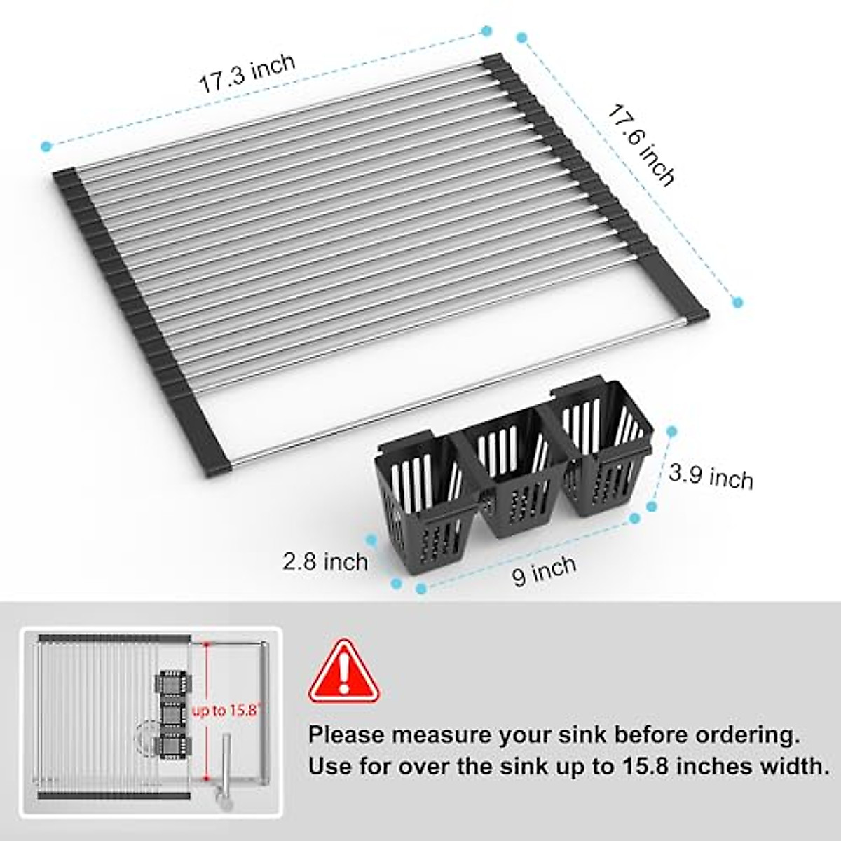 BBXTYLY Roll Up Dish Drying Rack with Storage Basket,Over The Sink Cover Kitchen Rolling up Dish Drainer, Foldable Sink Dish Drying Rack Stainless Steel for Kitchen Sink Counter(Black 17.3''x17.6'')