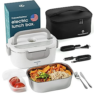 Travelisimo Electric Lunch Box Food Heater High Power 60W, 3 in 1 Portable Heated Lunch Box for Adults for Car Truck & Work 12V 24V 110V + Carry Bag, Loncheras Electricas para Calentar Almuerzo