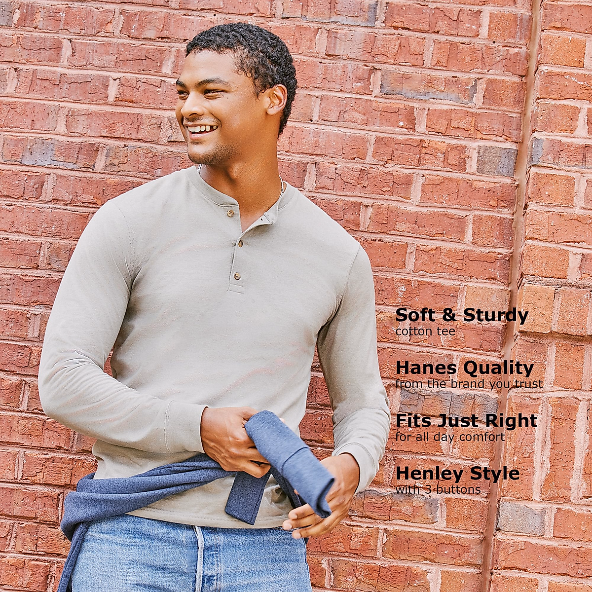 Hanes Men's Beefy Long Sleeve Three-Button Henley