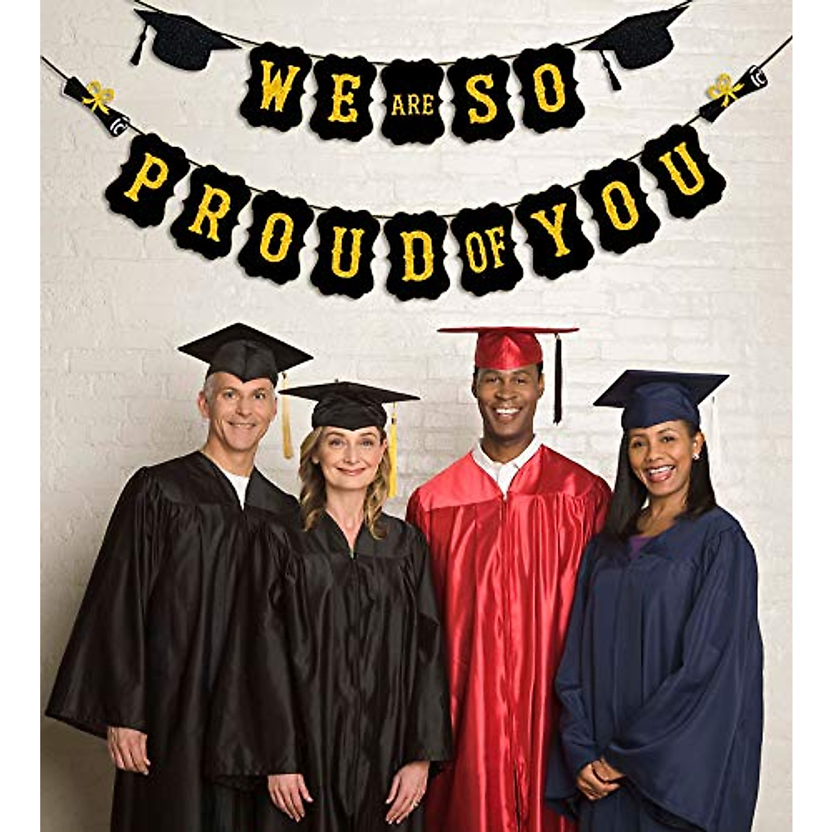 PTFNY We Are So Proud Of You Banner Black Gold Glittery Graduation Bunting Banner Garland with Graduation Cap and Diploma Signs for 2022 Graduation Party Decorations High School College Grad Party Supplies