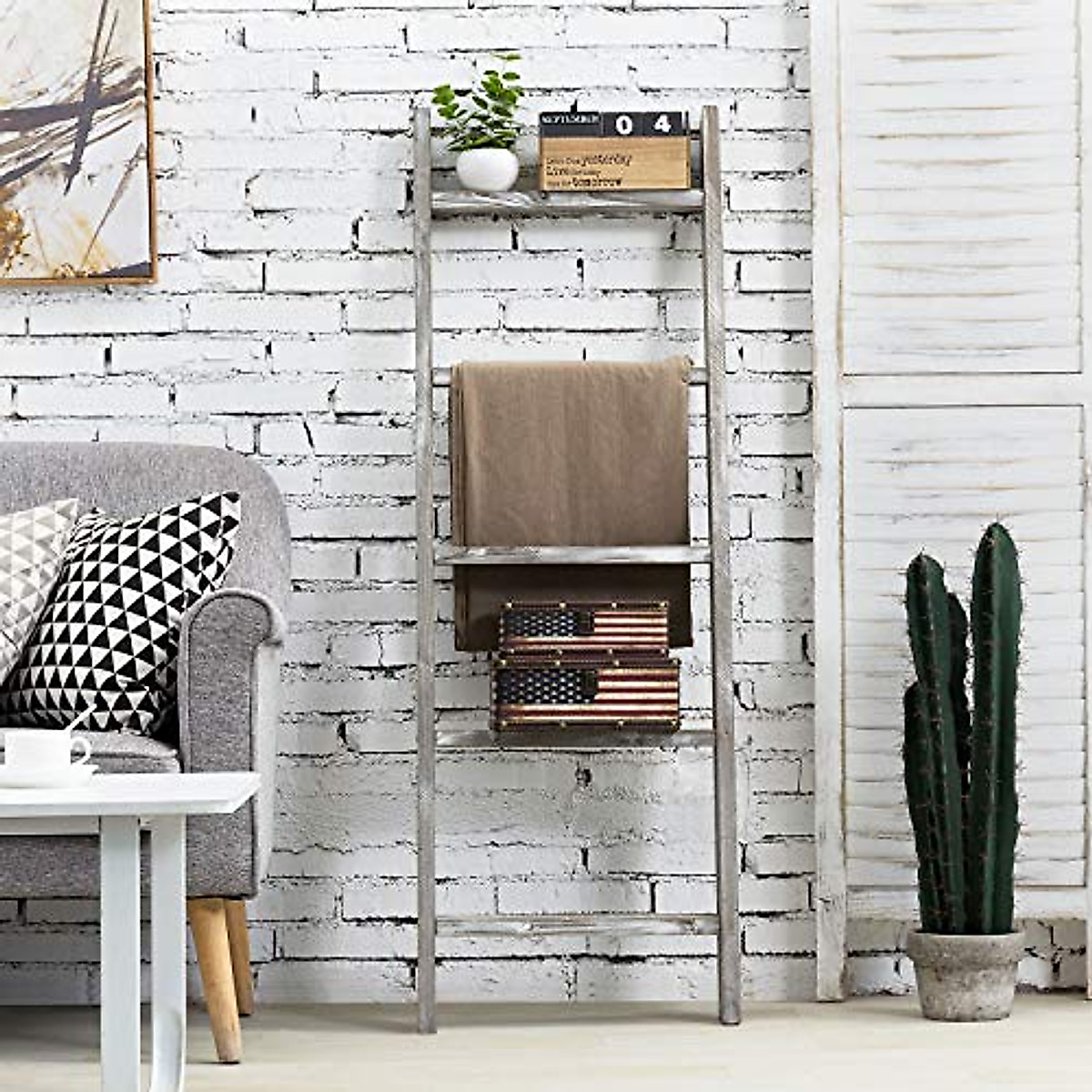 MyGift Gray Washed Wood Decorative Ladder Shelf, 4.5 Foot Wall Leaning Wooden Towel Blanket Ladder Storage Rack for Bathroom or Living Room