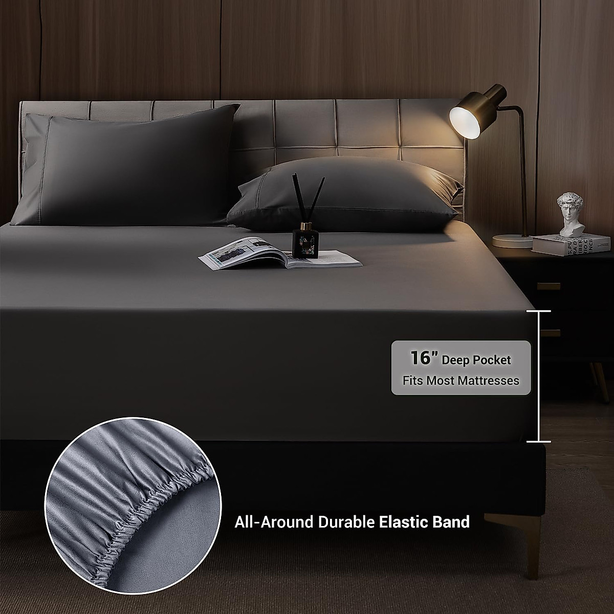 Shilucheng Cooling Breathable Bamboo Bed Sheets Set - King Size,1800 Thread Count Super Silky Soft with 16 Inch Deep Pocket, Machine Washable, 4 Piece (King,Dark Grey)