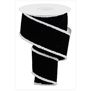 10 Yards 2.5in Wired Black Velvet Ribbon with White Fringe Drift Edges