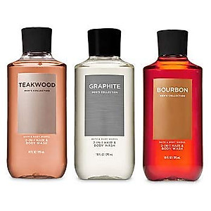 Bath and Body Works 3 Pack 2-in-1 Hair + Body Wash Teakwood, Graphite and Bourbon. 10 Oz.