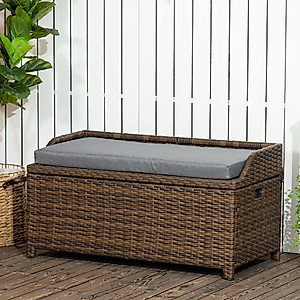 Outsunny Outdoor Wicker Storage Bench Deck Box, PE Rattan Patio Furniture Pool Container Storage Bin with Interior Waterproof Bag and Comfortable Cushion, Gray