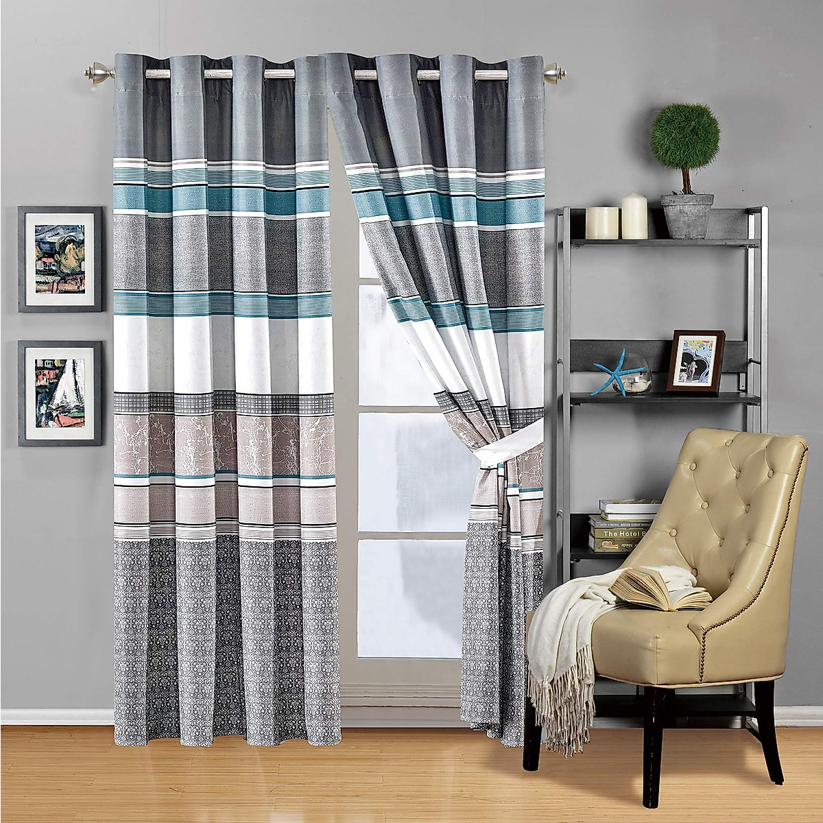 GrandLinen - 3-Piece Fine Printed Oversize (100 X 95) Quilt Set Light Weight Reversible Bedspread Coverlet Queen Size Bed Cover (Grey, Teal Blue (More Bluish), White, Stripe)