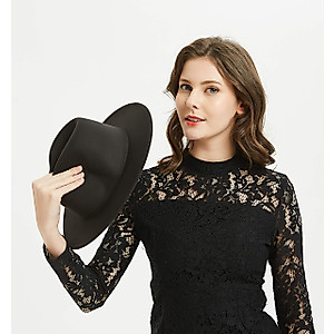 Women or Men Woolen Felt Fedora Hat Vintage Widet Brim Crushable Hat Belt Jazz, Black 58-60cm