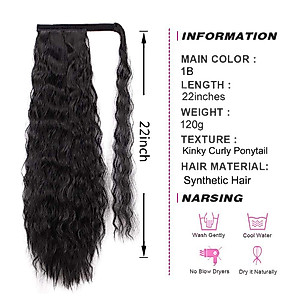 Stamped Glorious Long Corn Wave Ponytail Extension Magic Paste Heat Resistant Wavy Synthetic Wrap Around Ponytail Black Hairpiece for Women (22 Inch, 22 Inch-Black)