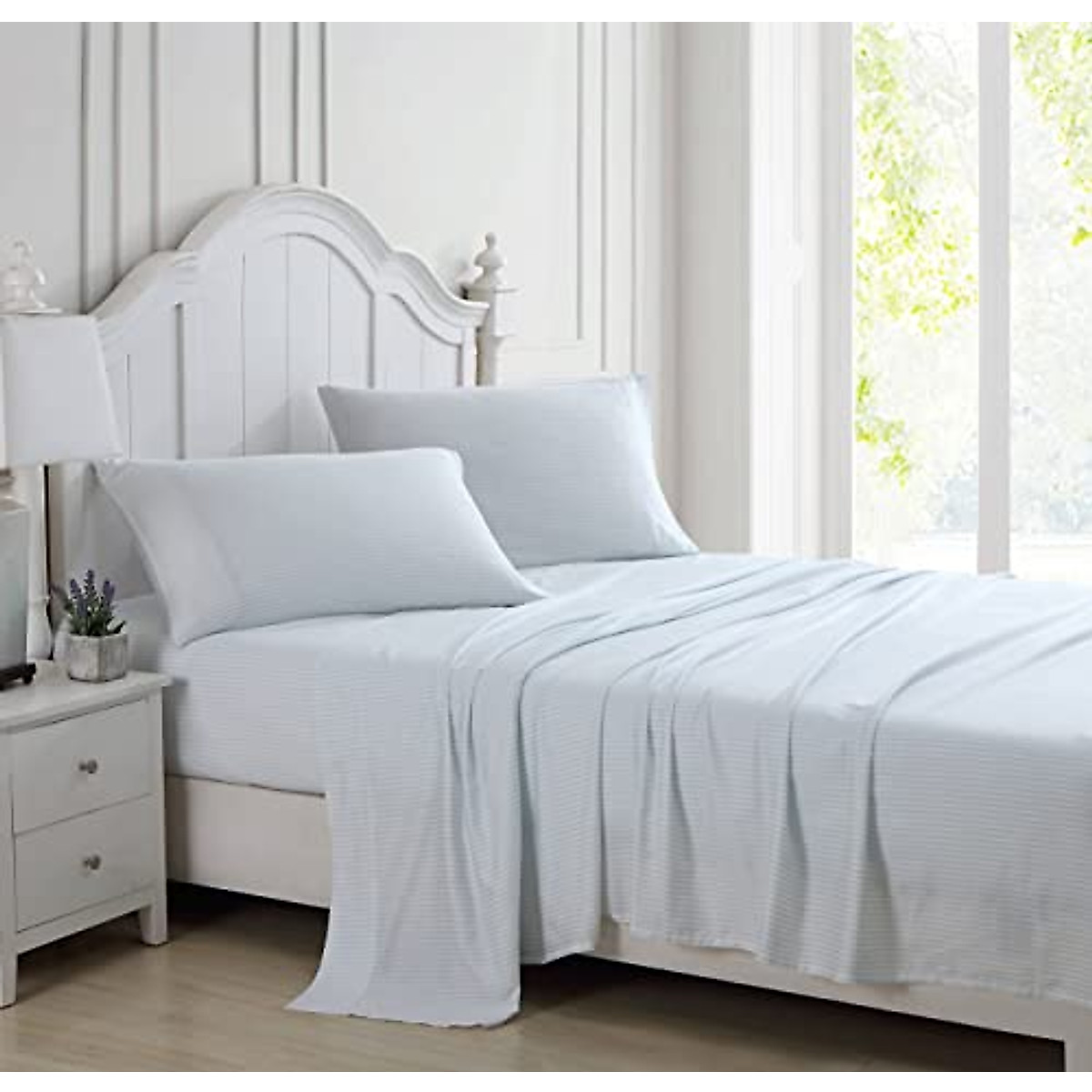 Laura Ashley - King Sheets, Soft Sateen Cotton Bedding Set - Sleek, Smooth, & Breathable Home Decor (Ramona Blue, King)
