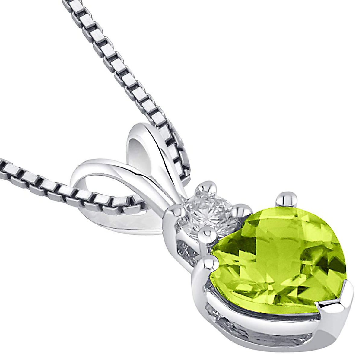 PEORA 14K White Gold Peridot and Diamond Pendant for Women, Genuine Gemstone Birthstone, Heart Shape Solitaire, 6mm, 1 Carat total