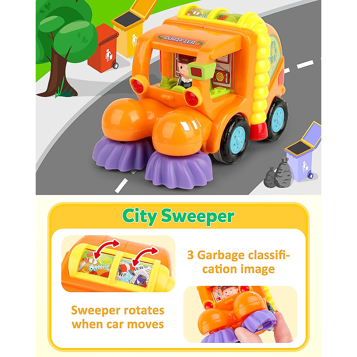 Coogam Friction Powered Cars 3 Pack Construction Vehicles Toys Set of Harvester,Sweeper,Cement Mixer Trucks for Year Old Kids Gifts