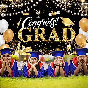 Aaskuu Graduation Banner 2024 Black and Gold - 72.8x43.3 Inch, Congrats Grad Banner for Graduation Party Decorations, Large Congratulations Banner Class of 2024 Graduation Backdrop