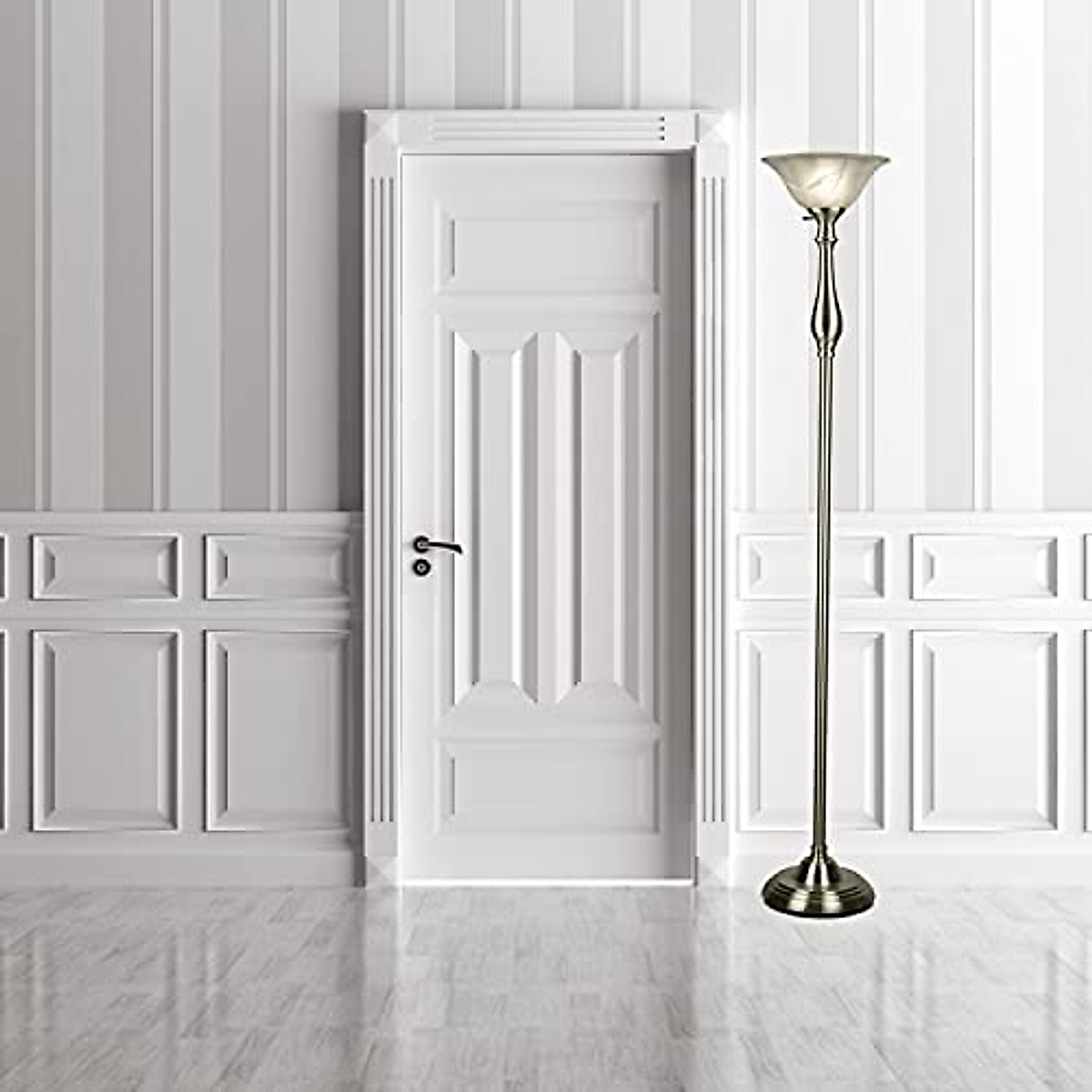 LIGHTACCENTS Royal Floor Lamp with Brushed Nickel Finish and White Alabaster Glass Shade Model 16176-25 - Stand Up Lamp for Living Room - Transitional Standing Torchiere 72" Tall (Brushed Nickel)