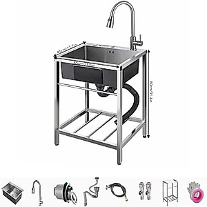 Commercial kitchen sink, household sink, vegetable basin single sink, commercial restaurant kitchen sink, washbasin, suitable for garage, restaurant, kitchen, laundry room, outdoor(55x45x80cm/21.6x17.