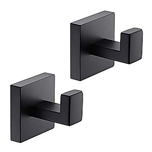 Hoooh Bath Towel Hooks Matte Black, 2 Pack Stainless Steel Robe Coat and Clothes Hook, Heavy Duty Wall Hook for Bathroom & Kitchen, Modern Square Style Wall Mounted, B106-BK-P2