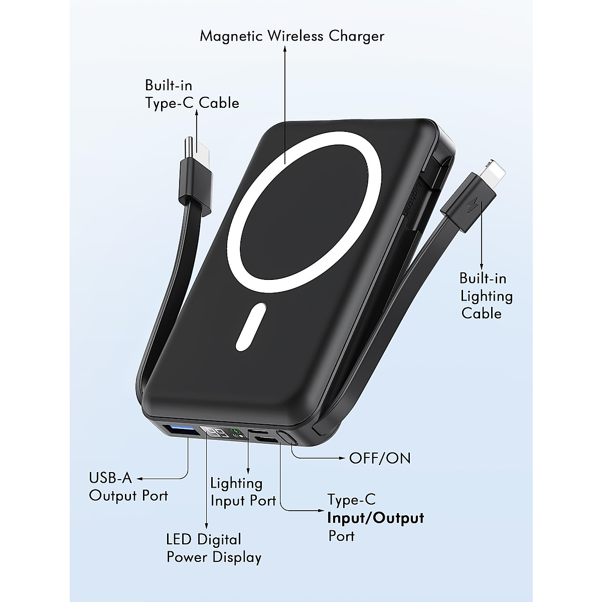 podoru Wireless Portable Charger, 10000mAh Magnetic Power Bank Built-in USB C Lighting Cables 22.5W PD Fast Charging LED Display Mag-Safe Battery Pack for iPhone 15/14/13/12/Mini/Pro/Pro Max - Black