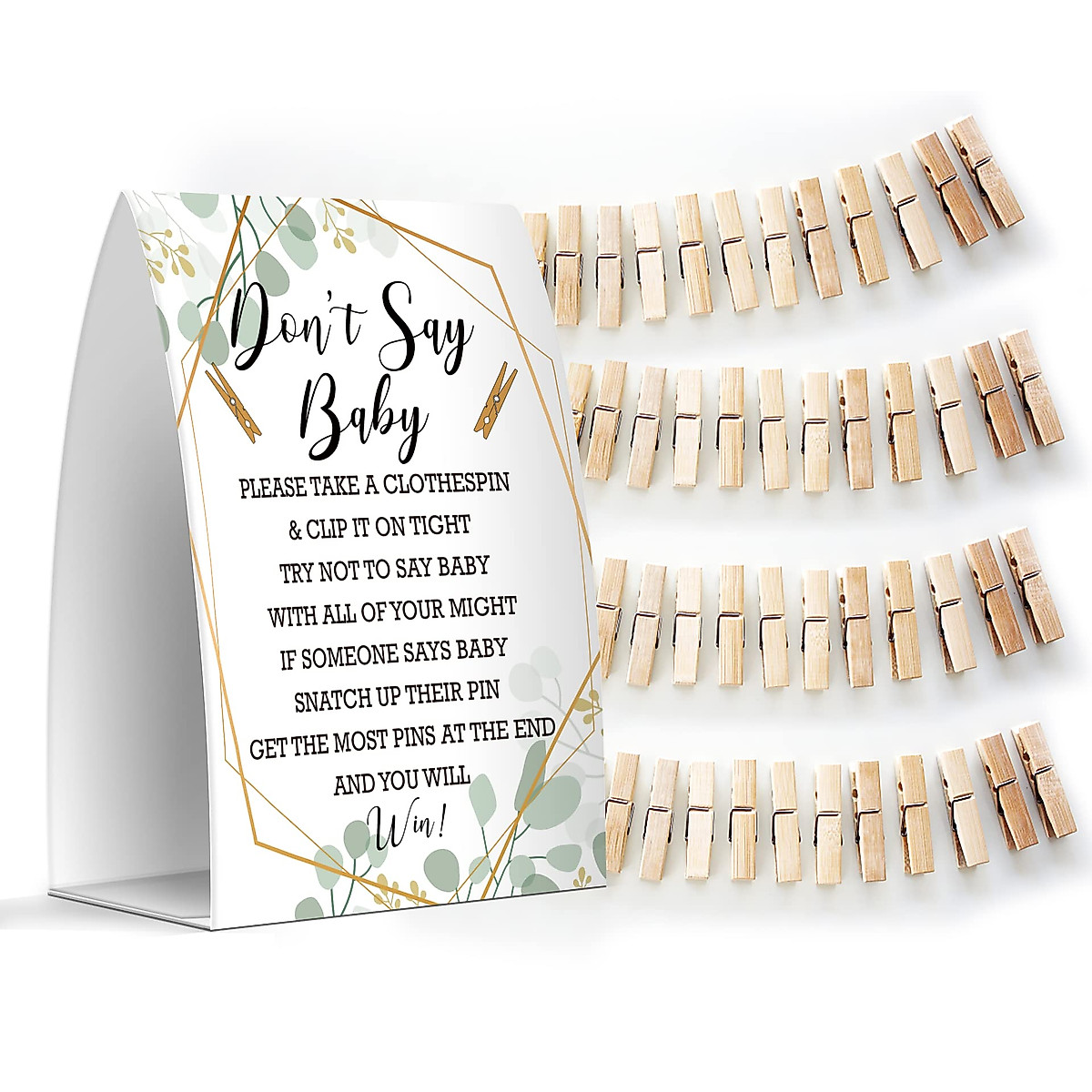Don't Say Baby Set - One 5x7 Sign and 50 Mini Clothespins, Baby Shower Games, Baby Shower Decoration, Gender Neutral Baby Shower - MsJb010