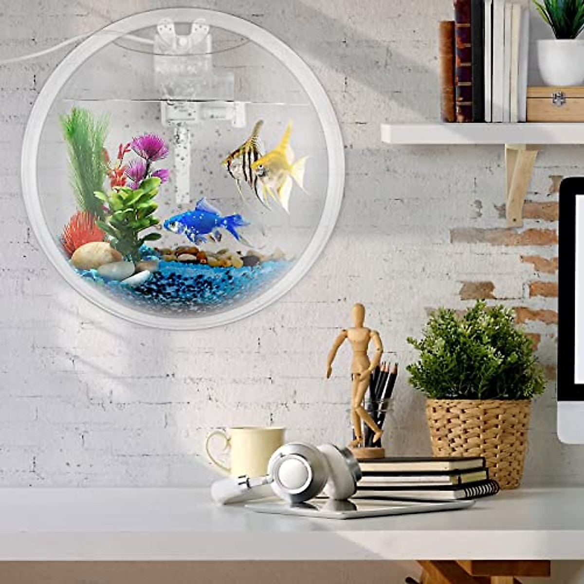 Outgeek Wall Mounted Aquarium Tank: 1-Gallon Betta Fish Bowl Hanging Aquariums Clear Acrylic Bubble Tanks - Portable Plastic Fishtank Waterfall for Home Garden Office