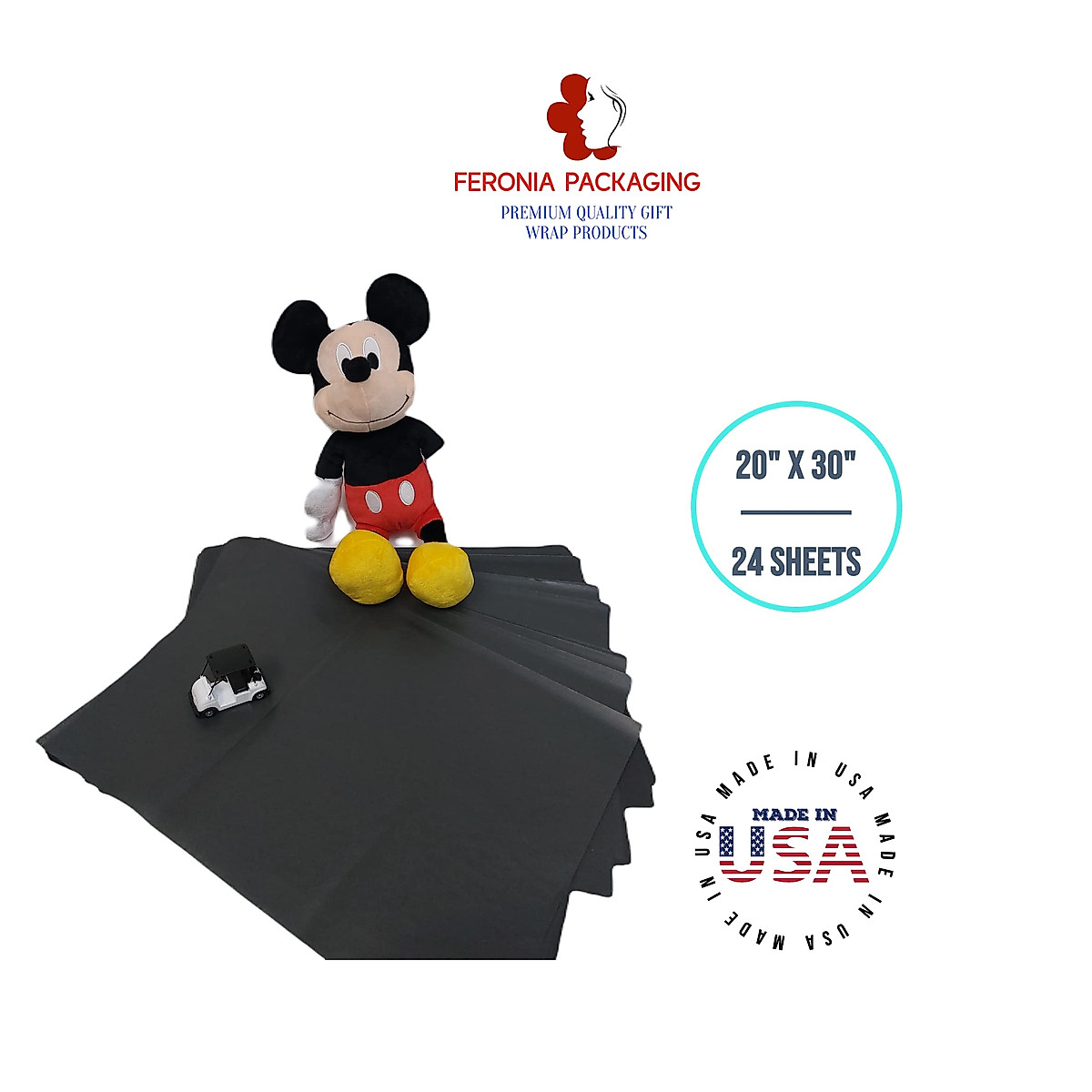 Black Tissue Paper Squares, Bulk 24 Sheets, Premium Gift Wrap and Art Supplies for Birthdays, Holidays, or Presents by Feronia packaging, Large 20 Inch x 30 Inch Made in USA