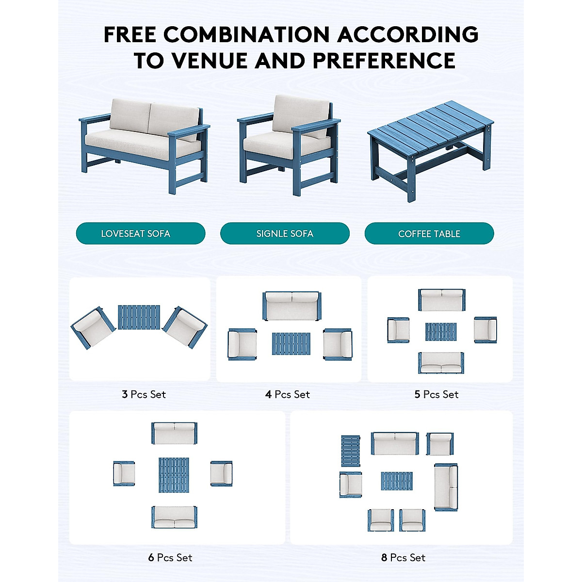 SERWALL 4 Pieces HDPE Outdoor Conversation Sofa Set with Cushions, Blue Frame and Khaki Cushion