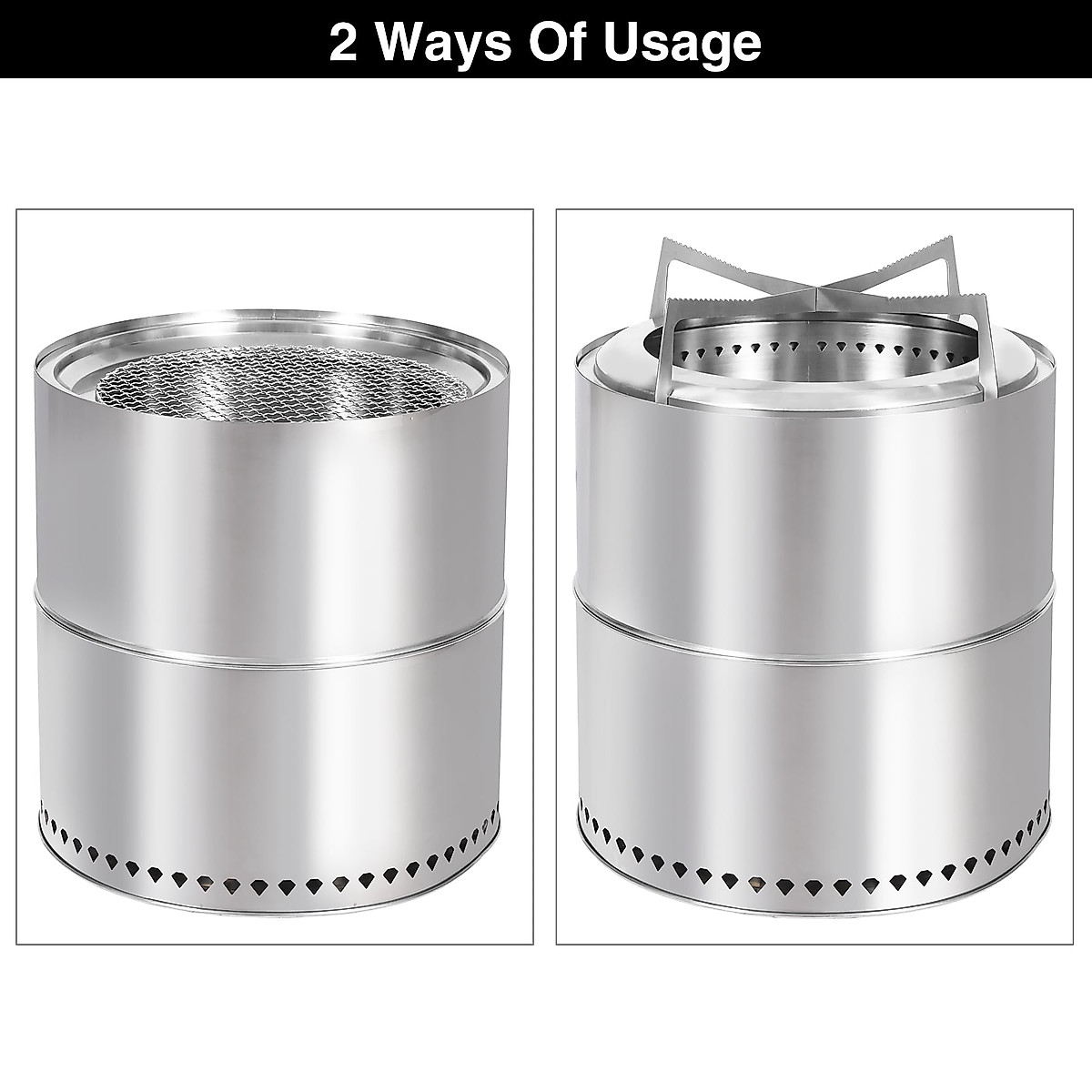 REDCAMP Portable Smokeless Fire Pit Outdoor Wood Burning with Grill & Stand, 16” 3-in-1 Multifunctional Stainless Steel Bonfire Pit for or Backyard Patio Garden Picnic Camping