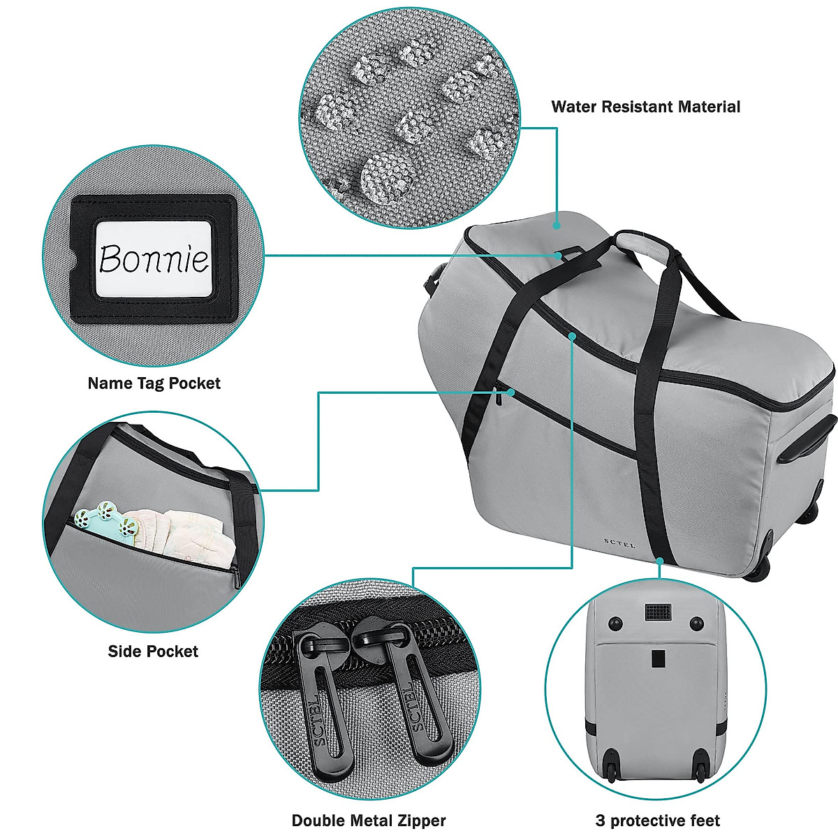 SCTEL Car Seat Travel Bag Fits All Nuna Pipa Car Seat and Base, Doona Travel Bag, Padded Infant Car Seat Bag with Wheels, Airport Gate Check Bag with side pocket, Protective Feet, Double handle