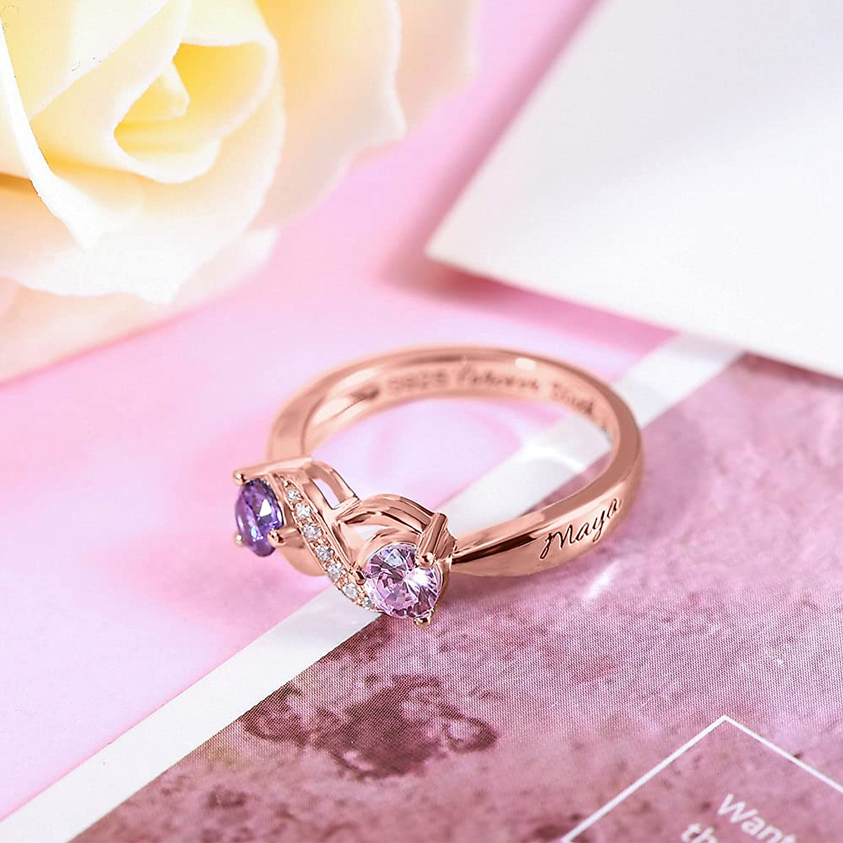 AILIN Personalized Promise Rings For Her 925 Sterling Silver Infinitely In Love Engagement Ring Mother Rings With 2 Simulated Birthstones Custom Engraved Couples Name Ring for Women