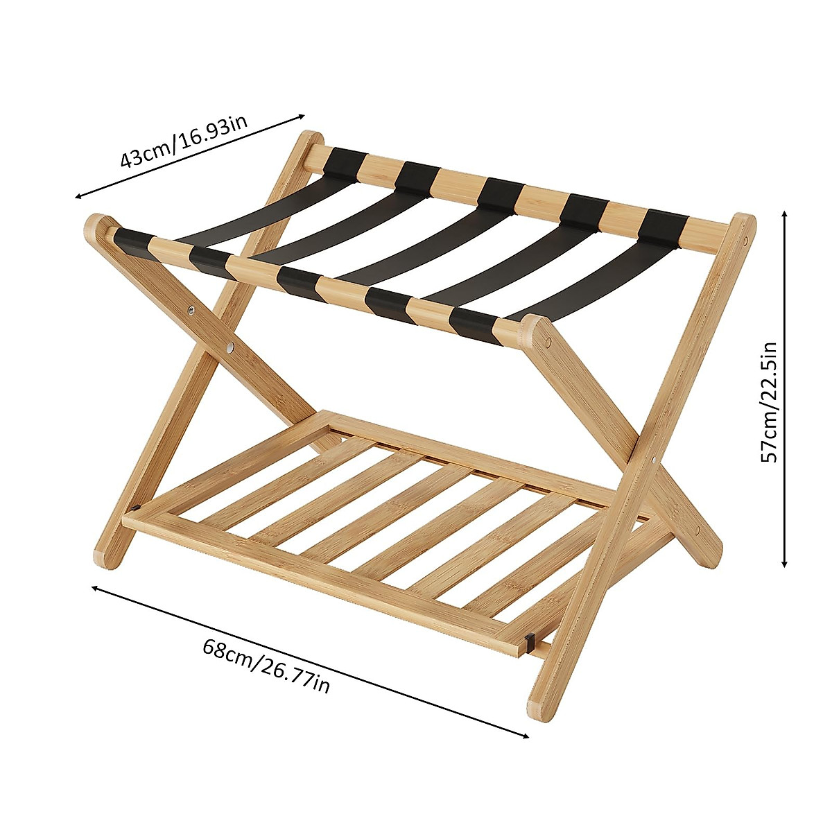 Semiocthome 2 Pack Fully Assembled Luggage Rack, Folding Suitcase Stand with Storage Shelf, Wood Suitcase Rack fit Most Luggage Size, Luggage Holders Stand for Guest Room Bedroom and Hotel (Wood