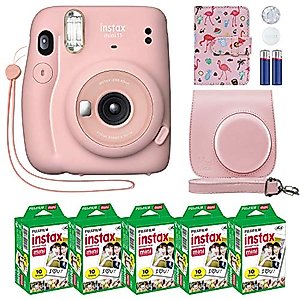 Fujifilm Instax Mini 11 Instant Camera Blush Pink + Custom Case + Fuji Instax Film Value Pack (50 Sheets) Flamingo Designer Photo Album for Photos
