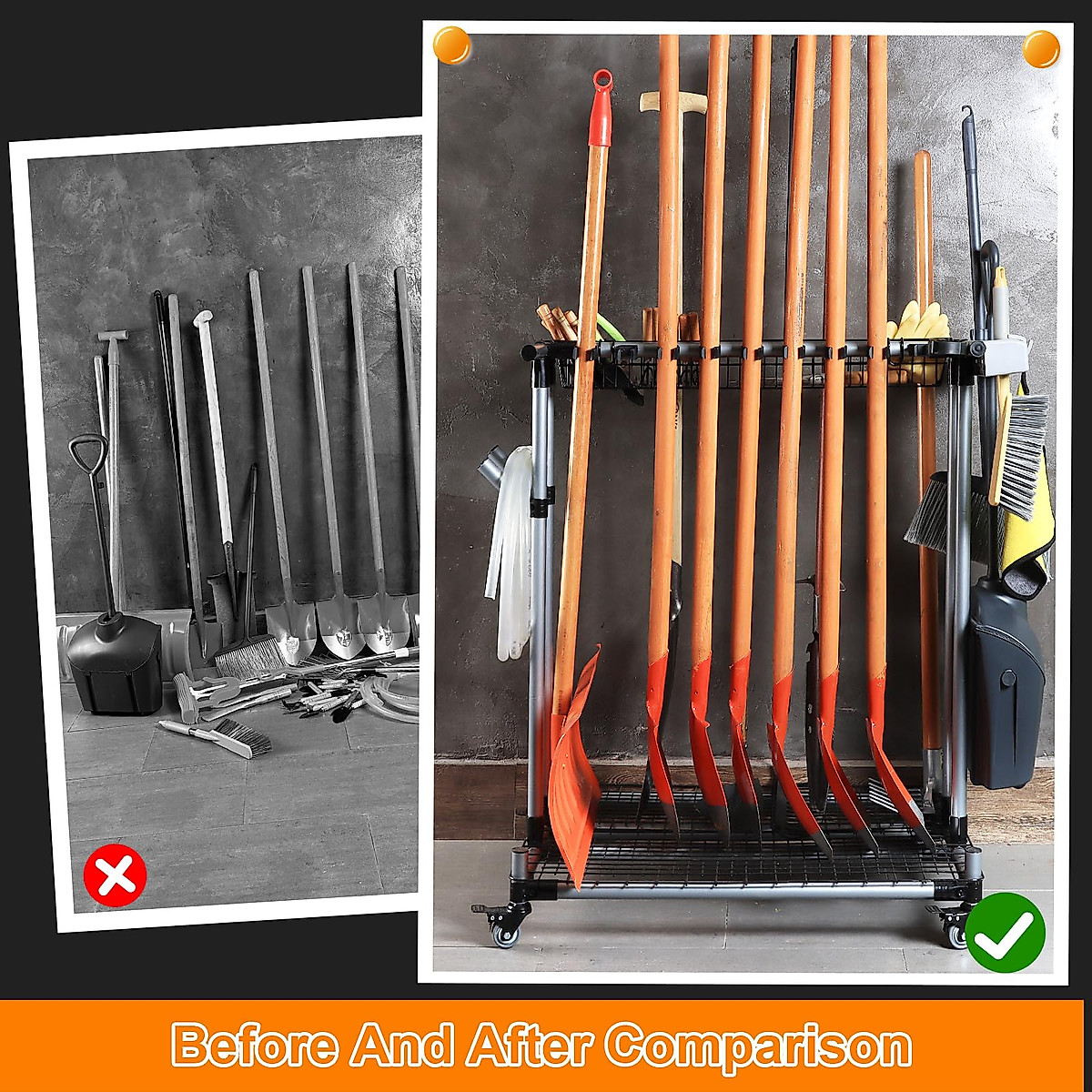 JGLDG Garden Tool Storage Rack with Wheels Heavy-Duty Organizer for Garage, Yard, and Garden Tools