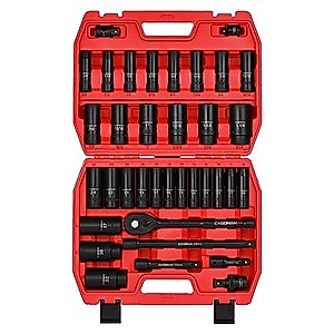CASOMAN 1/2" Drive Master Impact Socket Set, 36 Piece Deep, Standard SAE (3/8" To 1-1/4") & Metric (10-32 mm) Sizes, Includes Extension Bar (3, 5, 10-inch), Adapters & Ratchet Handle, CR-V Steel