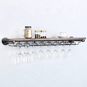 OLDRAINBOW Industrial Pipe Shelving Hanging Stemware Racks,Wall Mounted Wine Rack with 8 Glass Holder,Floating Shelves Stemware Holder,36in Metal Wood Shelf