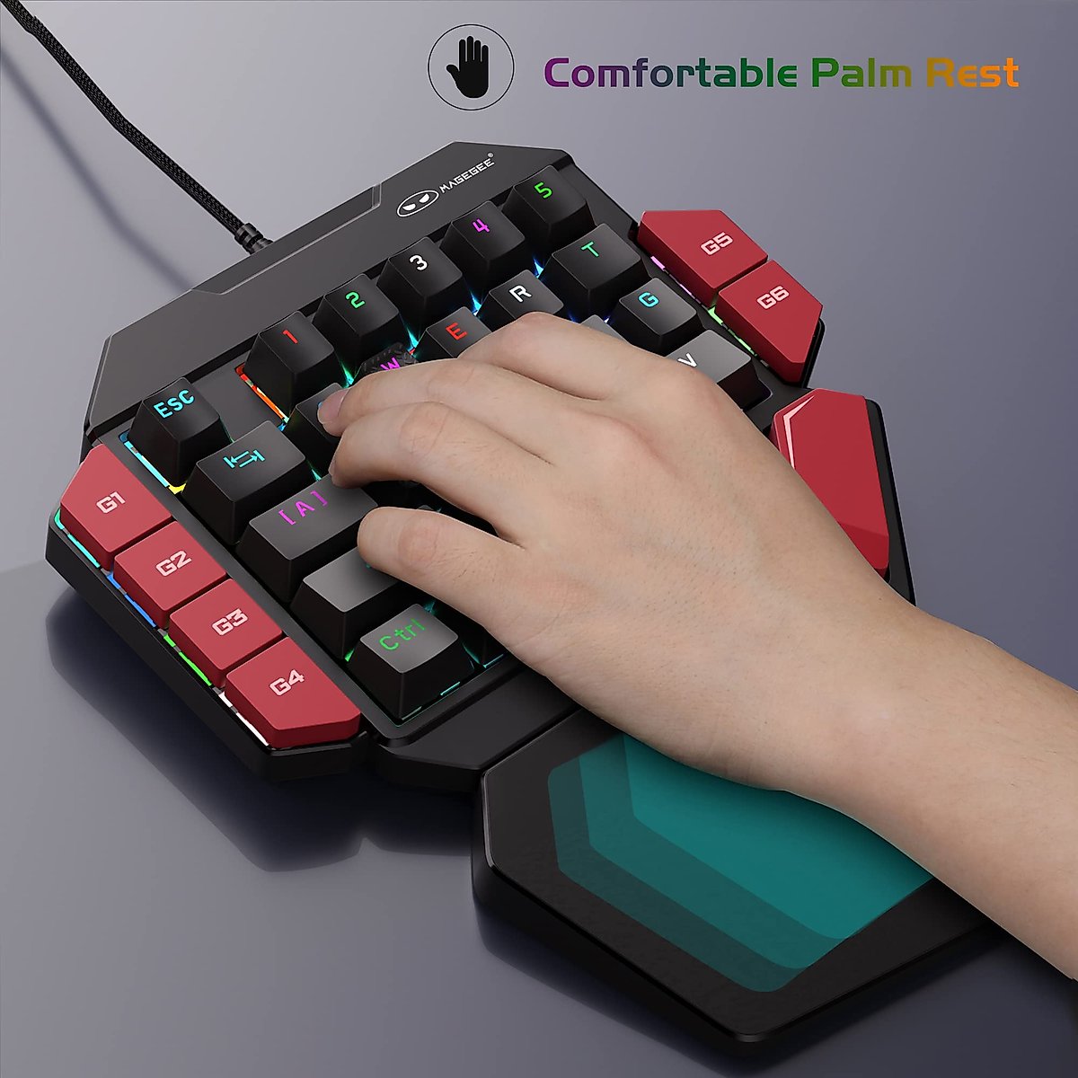 MageGee One Handed Professional Gaming Keyboard, RGB Backlit 35 Keys Mini Wired Mechanical Keyboard with Blue Switch for PC Gamer, Support 6 Macro Keys - Black/Red