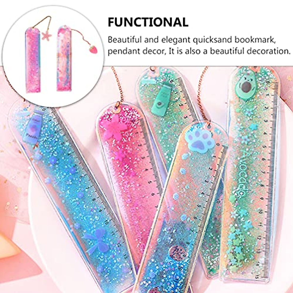 NUOBESTY 2pcs Quicksand Student Stationery Bookmark Ruler Cute Measurement Decoration Ruler Flow Sand Bookmark rulers Girl Drawing Template Cute Page Markers for Girls, Ladies, Children
