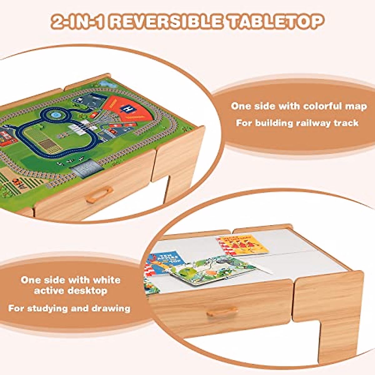 HONEY JOY Train Table, Wooden Kids Activity Table with Storage, 100 Multicolor Pieces, Tracks, Trains, Cars, Toddler Train Table Set with Reversible Tabletop, Gift for Boys Girls Age 3+, Natural