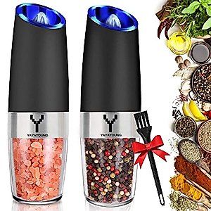 YAYAYOUNG Gravity Electric Grinder set of 2,Automatic Pepper and Salt Mill Grinder with Blue LED LIGHT,Electric Pepper Mill with Adjustable Coarseness,Refillable,salt and pepper shaker,pepper grinder