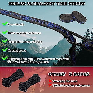 SZHLUX Hammock Straps for Trees - Set of Two 10ft Long, with 38 Loops & 2 Carabiners| Essential Hammock Accessories
