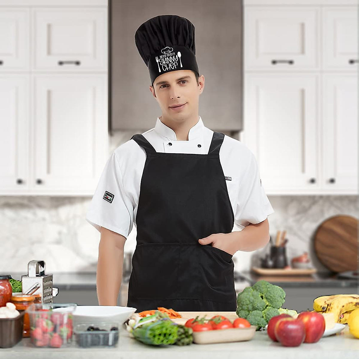 DYJYBMY Never Trust A Skinny Chef, Adult Adjustable Kitchen Cooking Hat with Elastic Band Chef Baker Cap Black, Funny BBQ Chef Hat for Men, Dad, Husband, Barbecue Grill Gift for Men