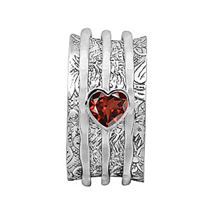 Spinner Ring !! Your Choice Meditation Band, 5 MM Heart Shape Garnet Rhodolite Gemstone Fidget Ring, 925 Sterling Silver Band… (Dual Silver Band, 8)