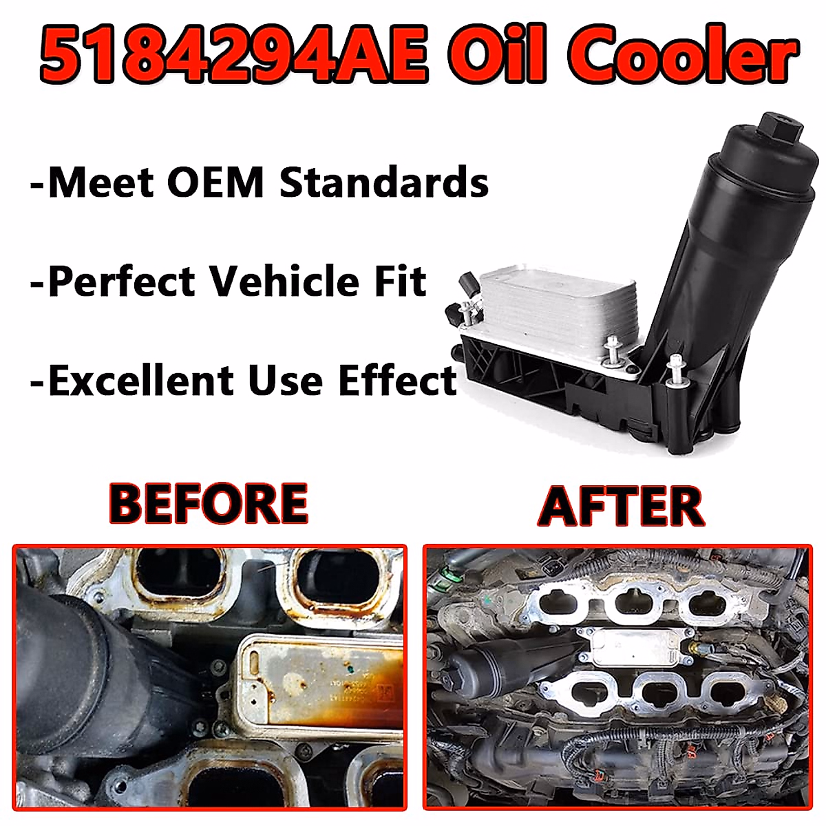 Engine Oil Cooler With 5184294AE Oil Filter Housing Adapter Compatible With 2011 2012 2013 Chrysler 200 300, Dodge Charger Journey Caravan Durango, Jeep Grand Cherokee 3.6L V6