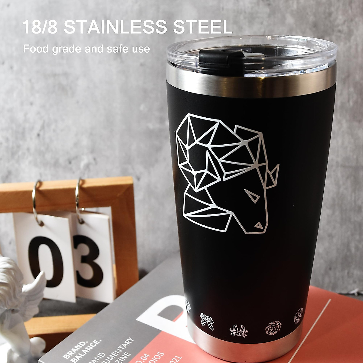 sweet grain 20oz Coffee Tumbler - Stainless Steel Double Wall Insulated Constellation Tumbler with Lid and Straw, Personalized Zodiac Gifts for Birthday/Bachelor Party - Aries