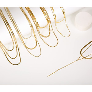 Elegance 11 designs 14k Gold Layered Herringbone Figaro Chain Necklaces Set For Women Real Gold Plated Stainless Steel Choker Flat Snake Chain Gold Non Tarnish Jewelry For Women