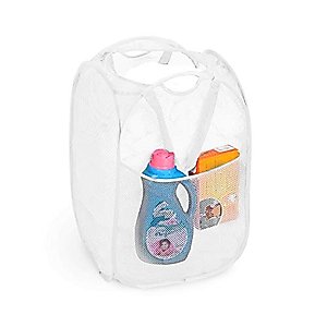 Smart Design Deluxe Mesh Pop Up Square Laundry Hamper w/ Side Pocket & Handles - VentilAir Fabric Collapsible Design - for Clothes & Laundry - Home - (Holds 2 Loads) (14 x 23 Inch) [White]