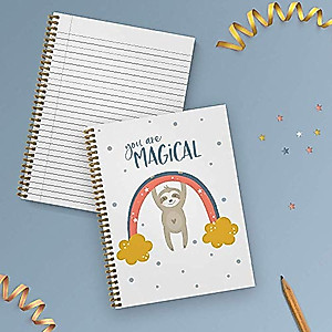 Softcover Magical 8.5" x 11" Motivational Sloth Spiral Notebook/Journal, 120 Wide Ruled Pages, Durable Gloss Laminated Cover, Gold Wire-o Spiral. Made in the USA