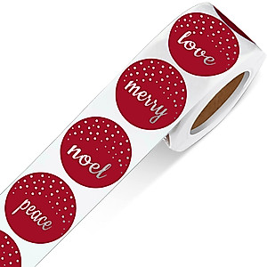 500 Pieces Merry Christmas Stickers Labels for Envelopes 1.5 Inch Joy Peace Love Red Christmas Foil Seal Stickers Roll Holiday Stickers Xmas Labels Roll for Greeting, Sealing, Gifting, Gift Decor