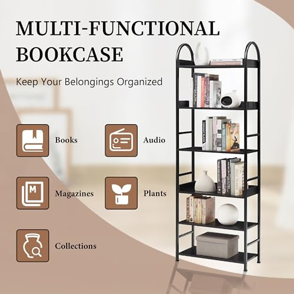 Xshelley 6-Tier Bookcase and Bookshelf, Bookcase with Metal Frame, Industrial Bookshelf with Open Storage Shelves for Home Office (Black)